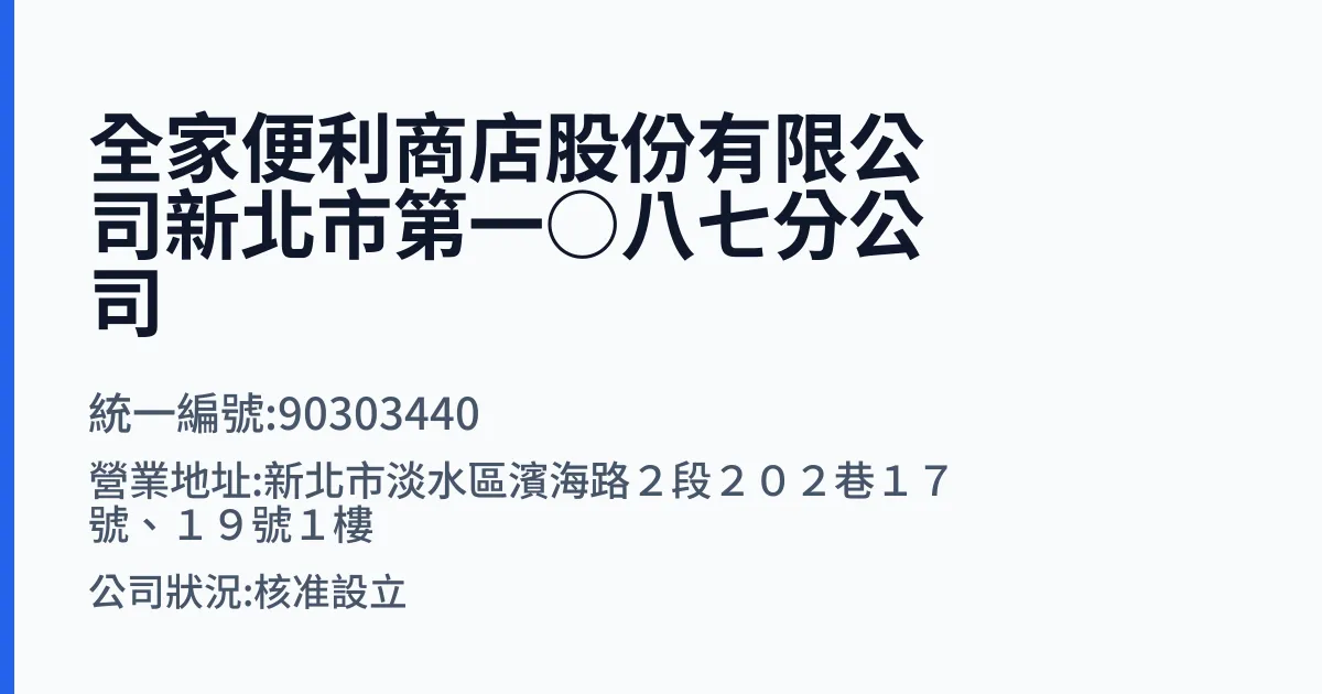 全家便利商店股份有限公司新北市第一○八七分公司 - 統編 90303440(新北市) 公司登記資料與營業項目詳細圖表