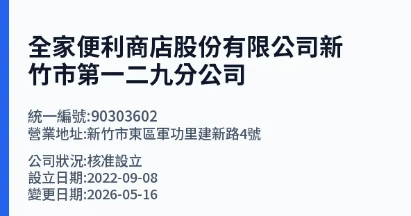 全家便利商店股份有限公司新竹市第一二九分公司的照片-統編 90303602(新竹市) 公司登記資料與營業項目詳細圖表