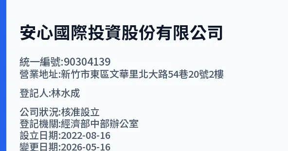 安心國際投資股份有限公司的照片-統編 90304139(新竹市) 公司登記資料與營業項目詳細圖表