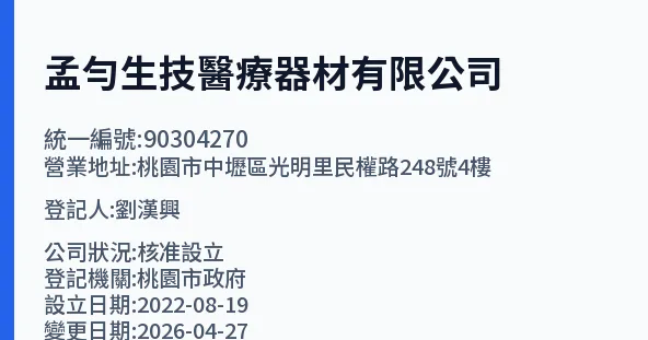 孟勻生技醫療器材有限公司的照片-統編 90304270(桃園市) 公司登記資料與營業項目詳細圖表