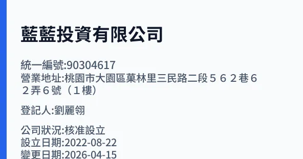 藍藍投資有限公司的照片-統編 90304617(桃園市) 公司登記資料與營業項目詳細圖表