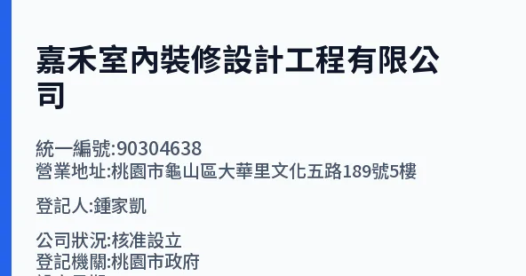 嘉禾室內裝修設計工程有限公司的照片-統編 90304638(桃園市) 公司登記資料與營業項目詳細圖表