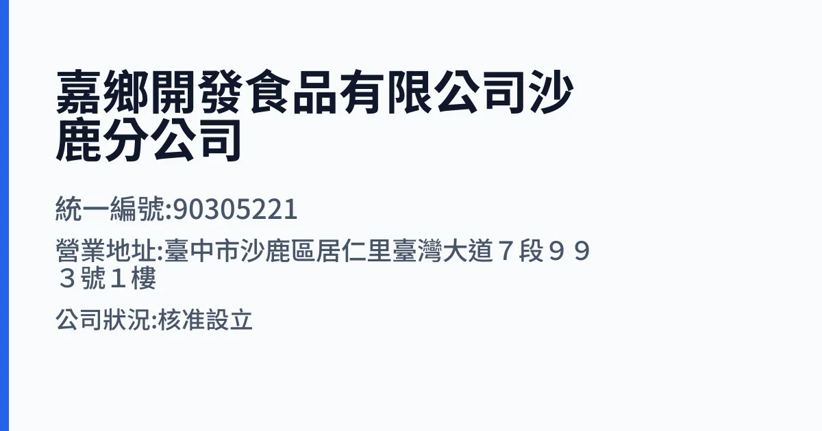 嘉鄉開發食品有限公司沙鹿分公司 - 統編 90305221(臺中市) 公司登記資料與營業項目詳細圖表