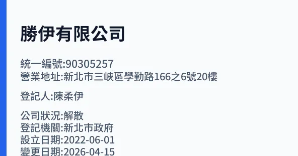 勝伊有限公司的照片-統編 90305257(新北市) 公司登記資料與營業項目詳細圖表