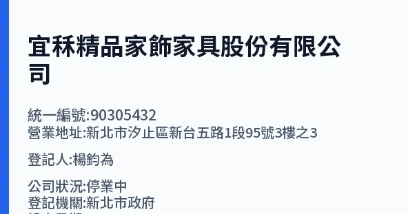 宜秝精品家飾家具股份有限公司的照片-統編 90305432(新北市) 公司登記資料與營業項目詳細圖表