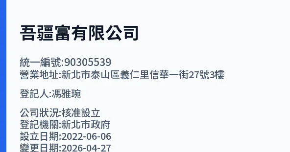 吾疆富有限公司的照片-統編 90305539(新北市) 公司登記資料與營業項目詳細圖表