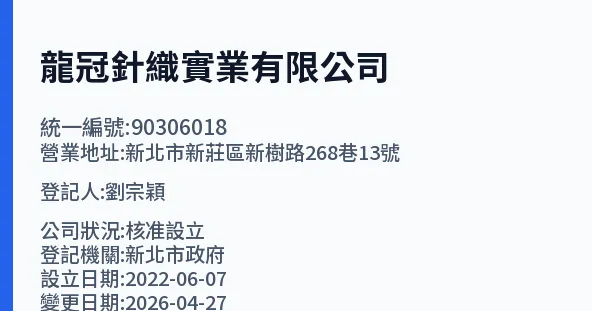 龍冠針織實業有限公司的照片-統編 90306018(新北市) 公司登記資料與營業項目詳細圖表