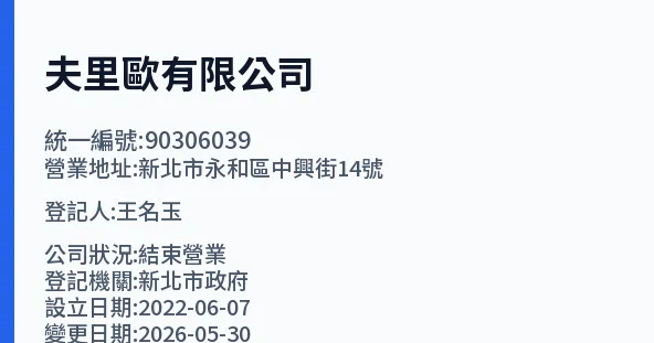 夫里歐有限公司的照片-統編 90306039(新北市) 公司登記資料與營業項目詳細圖表