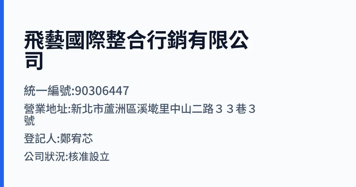 飛藝國際整合行銷有限公司 - 統編 90306447(新北市) 公司登記資料與營業項目詳細圖表