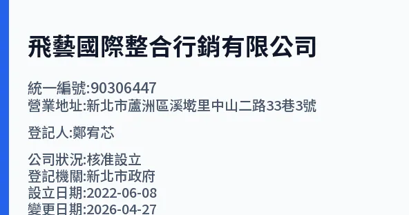 飛藝國際整合行銷有限公司的照片-統編 90306447(新北市) 公司登記資料與營業項目詳細圖表