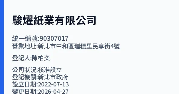 駿燿紙業有限公司的照片-統編 90307017(新北市) 公司登記資料與營業項目詳細圖表