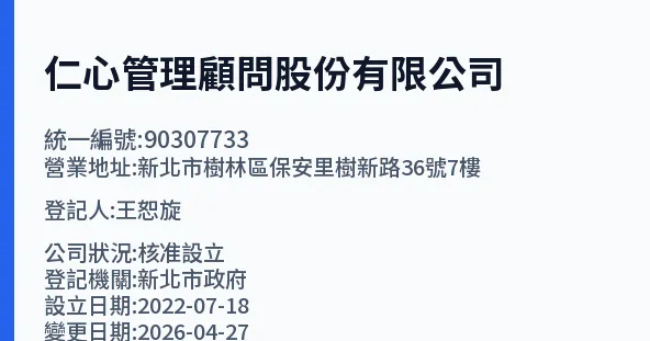 仁心管理顧問股份有限公司的照片-統編 90307733(新北市) 公司登記資料與營業項目詳細圖表