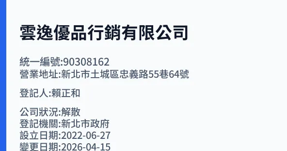 雲逸優品行銷有限公司的照片-統編 90308162(新北市) 公司登記資料與營業項目詳細圖表