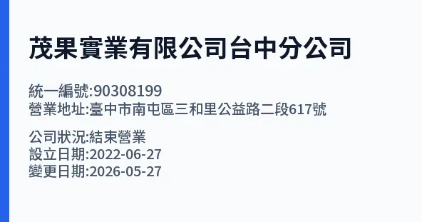 茂果實業有限公司台中分公司的照片-統編 90308199(臺中市) 公司登記資料與營業項目詳細圖表