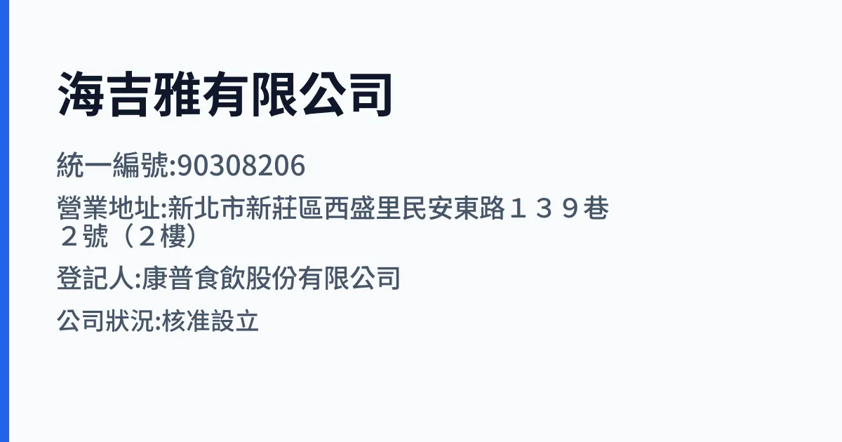 海吉雅有限公司 - 統編 90308206（新北市） 公司登記資料與營業項目詳細圖表