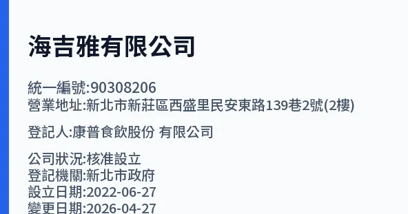 海吉雅有限公司的照片-統編 90308206(新北市) 公司登記資料與營業項目詳細圖表