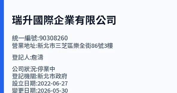 瑞升國際企業有限公司的照片-統編 90308260(新北市) 公司登記資料與營業項目詳細圖表
