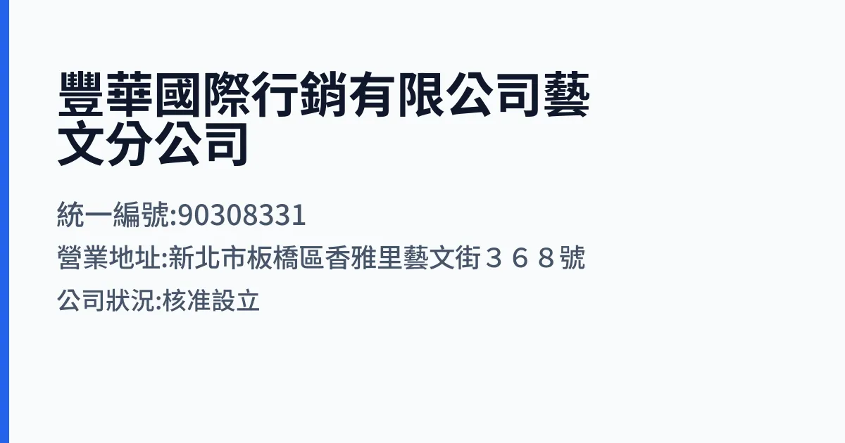 豐華國際行銷有限公司藝文分公司 - 統編 90308331(新北市) 公司登記資料與營業項目詳細圖表