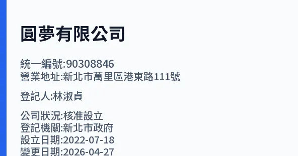 圓夢有限公司的照片-統編 90308846(新北市) 公司登記資料與營業項目詳細圖表