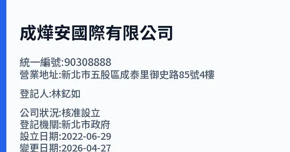 成燁安國際有限公司的照片-統編 90308888(新北市) 公司登記資料與營業項目詳細圖表