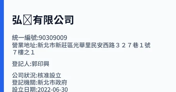 弘䡃有限公司的照片-統編 90309009(新北市) 公司登記資料與營業項目詳細圖表