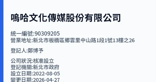 嗚哈文化傳媒股份有限公司的照片-統編 90309205(新北市) 公司登記資料與營業項目詳細圖表
