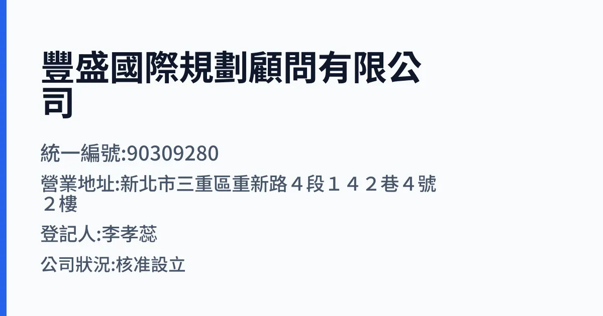 豐盛國際規劃顧問有限公司 - 統編 90309280(新北市) 公司登記資料與營業項目詳細圖表