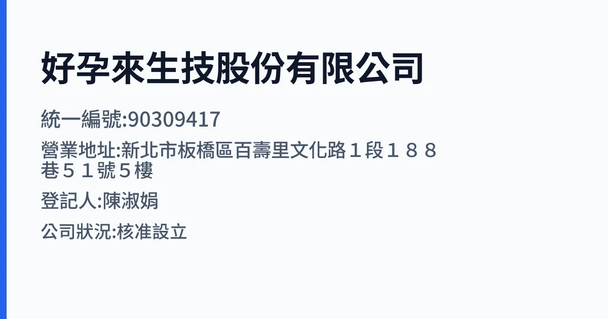 好孕來生技股份有限公司 - 統編 90309417(新北市) 公司登記資料與營業項目詳細圖表