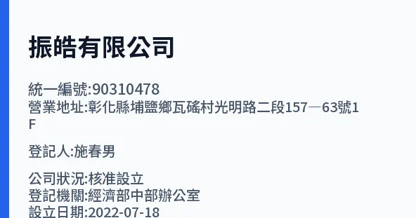 振皓有限公司的照片-統編 90310478(彰化縣) 公司登記資料與營業項目詳細圖表