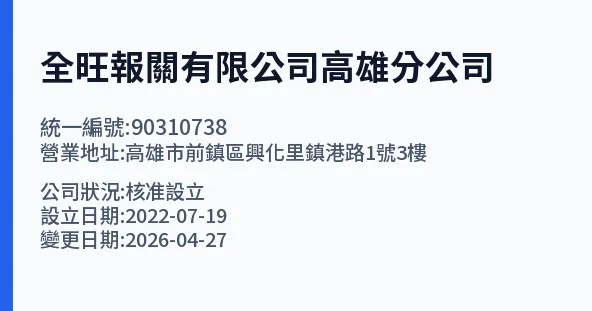 全旺報關有限公司高雄分公司的照片-統編 90310738(高雄市) 公司登記資料與營業項目詳細圖表
