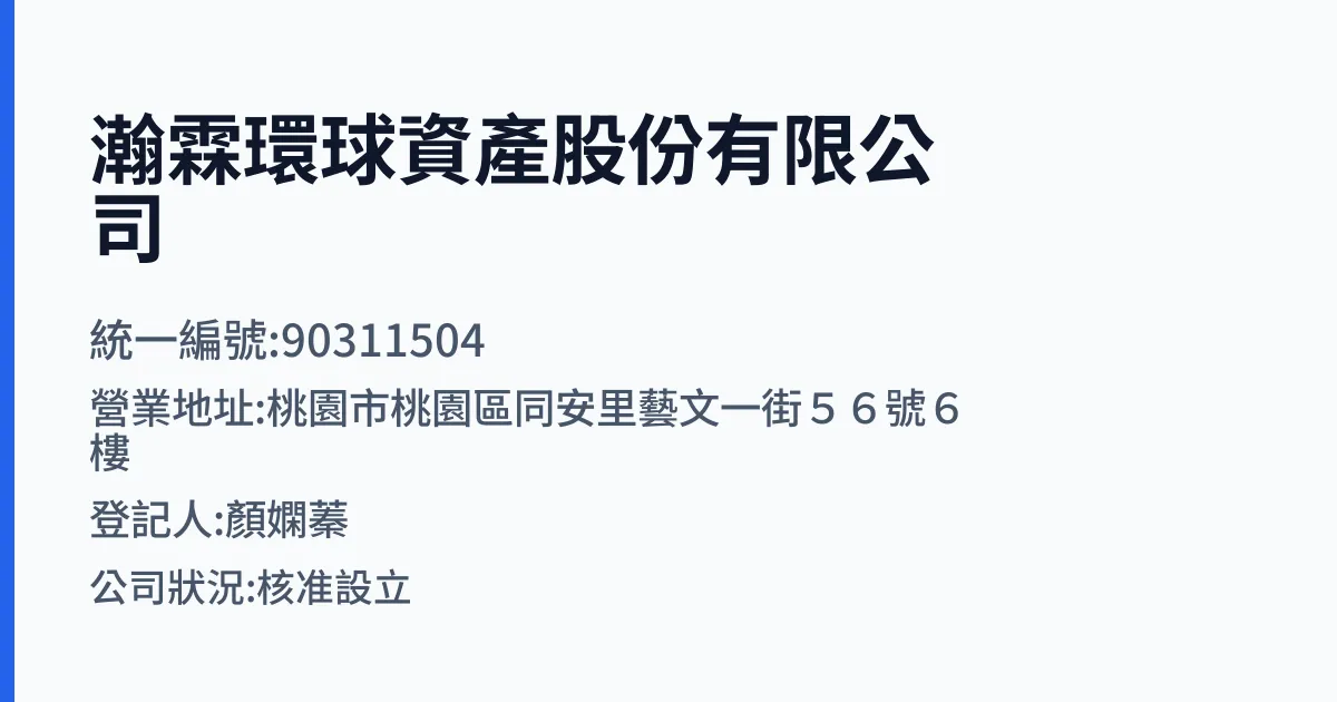 瀚霖環球資產股份有限公司 - 統編 90311504(桃園市) 公司登記資料與營業項目詳細圖表
