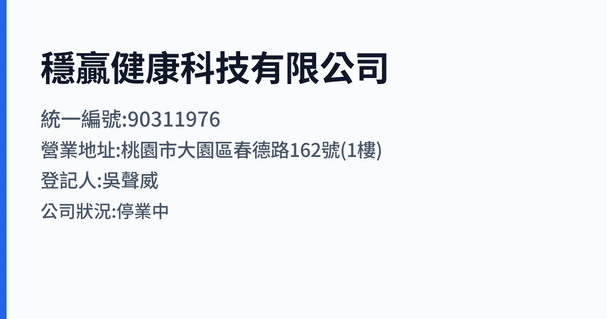 穩贏健康科技有限公司 - 統編 90311976(桃園市) 公司登記資料與營業項目詳細圖表