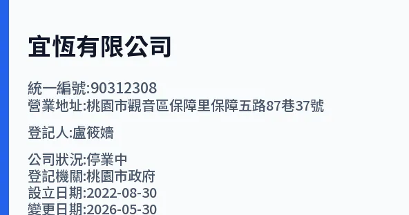 宜恆有限公司的照片-統編 90312308(桃園市) 公司登記資料與營業項目詳細圖表