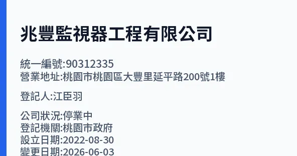 兆豐監視器工程有限公司的照片-統編 90312335(桃園市) 公司登記資料與營業項目詳細圖表