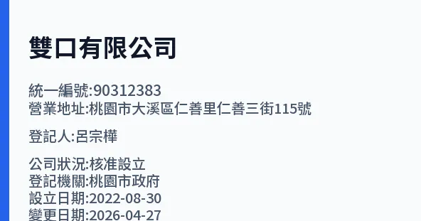 雙口有限公司的照片-統編 90312383(桃園市) 公司登記資料與營業項目詳細圖表