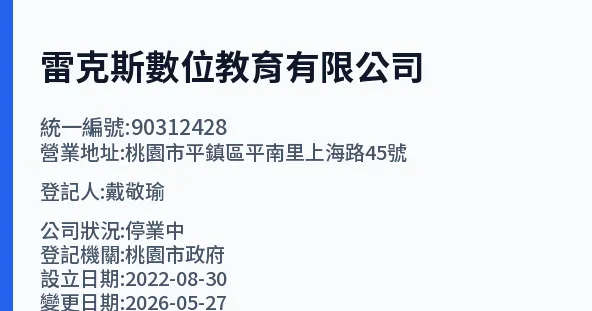 雷克斯數位教育有限公司的照片-統編 90312428(桃園市) 公司登記資料與營業項目詳細圖表
