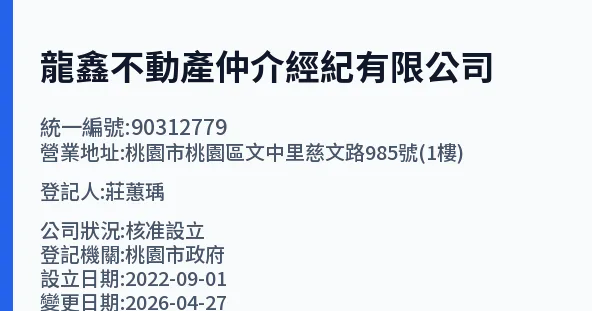 龍鑫不動產仲介經紀有限公司的照片-統編 90312779(桃園市) 公司登記資料與營業項目詳細圖表