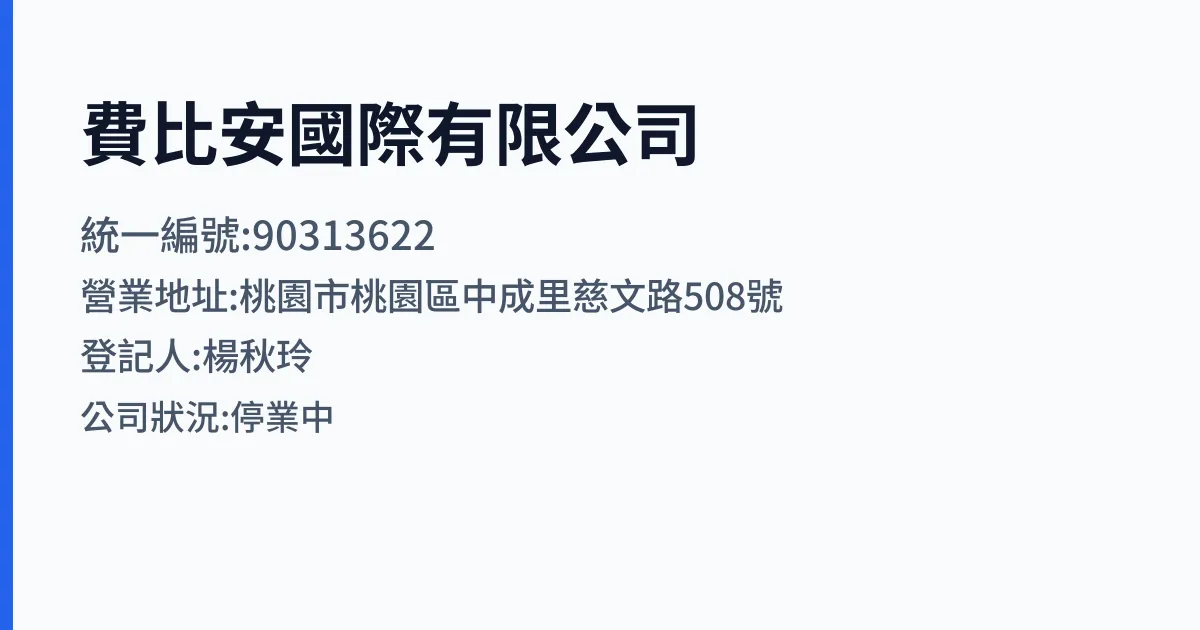 費比安國際有限公司 - 統編 90313622(桃園市) 公司登記資料與營業項目詳細圖表