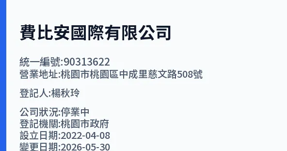 費比安國際有限公司的照片-統編 90313622(桃園市) 公司登記資料與營業項目詳細圖表