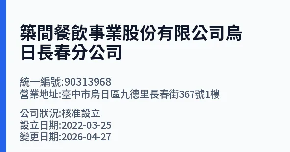 築間餐飲事業股份有限公司烏日長春分公司的照片-統編 90313968(臺中市) 公司登記資料與營業項目詳細圖表