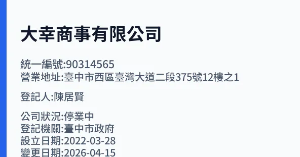 大幸商事有限公司的照片-統編 90314565(臺中市) 公司登記資料與營業項目詳細圖表