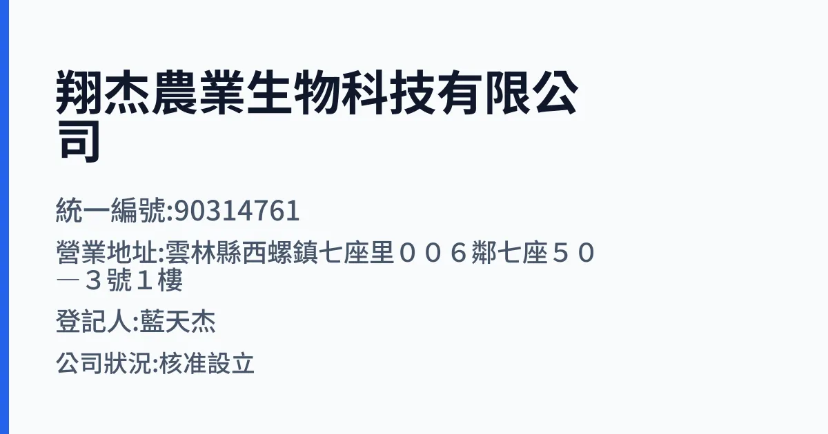 翔杰農業生物科技有限公司 - 統編 90314761(雲林縣) 公司登記資料與營業項目詳細圖表