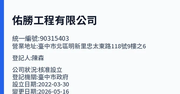 佑勝工程有限公司的照片-統編 90315403(臺中市) 公司登記資料與營業項目詳細圖表