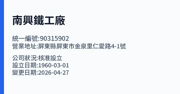 南興鐵工廠的照片-統編 90315902(屏東縣) 公司登記資料與營業項目詳細圖表