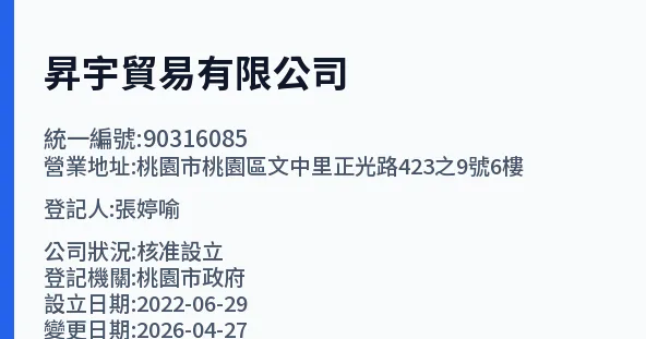 昇宇貿易有限公司的照片-統編 90316085(桃園市) 公司登記資料與營業項目詳細圖表