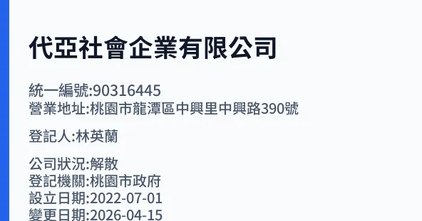 代亞社會企業有限公司的照片-統編 90316445(桃園市) 公司登記資料與營業項目詳細圖表