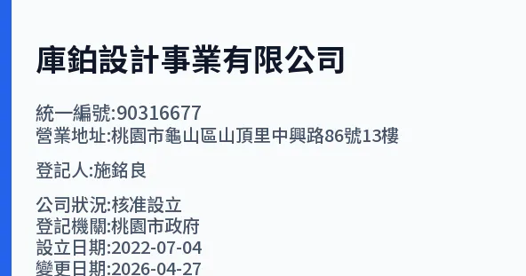 庫鉑設計事業有限公司的照片-統編 90316677(桃園市) 公司登記資料與營業項目詳細圖表