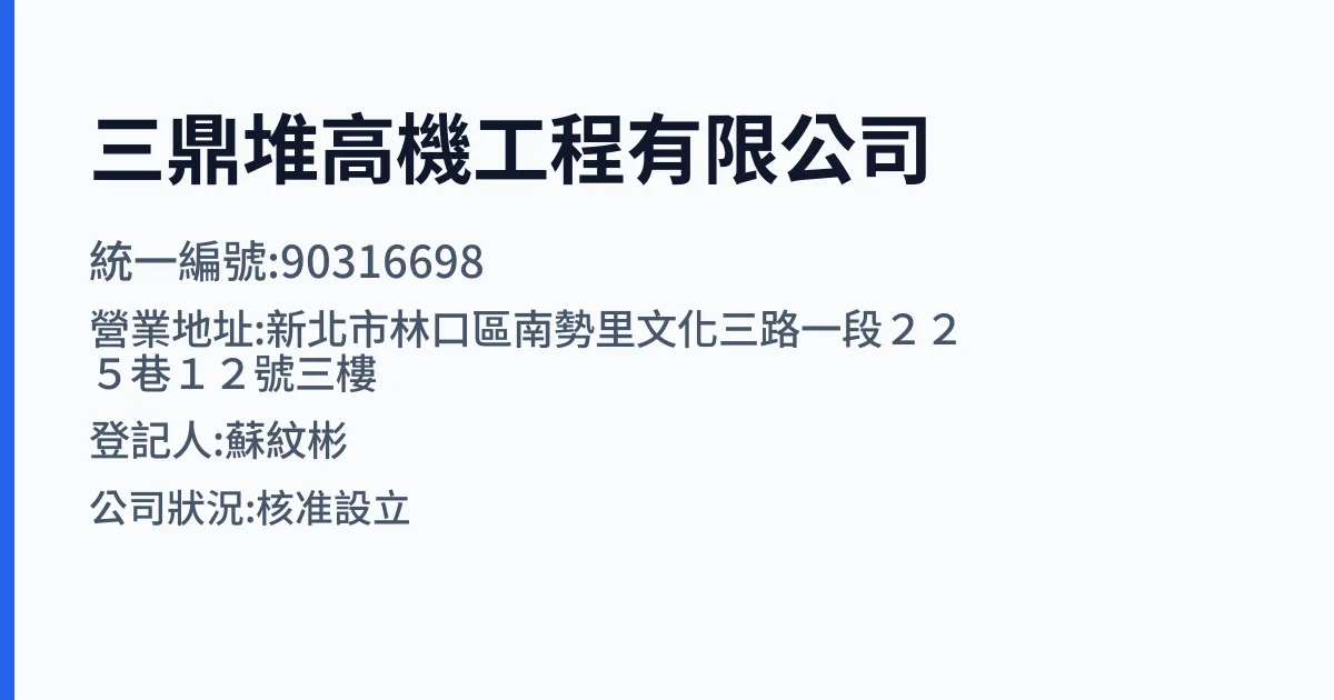 三鼎堆高機工程有限公司 - 統編 90316698(新北市) 公司登記資料與營業項目詳細圖表