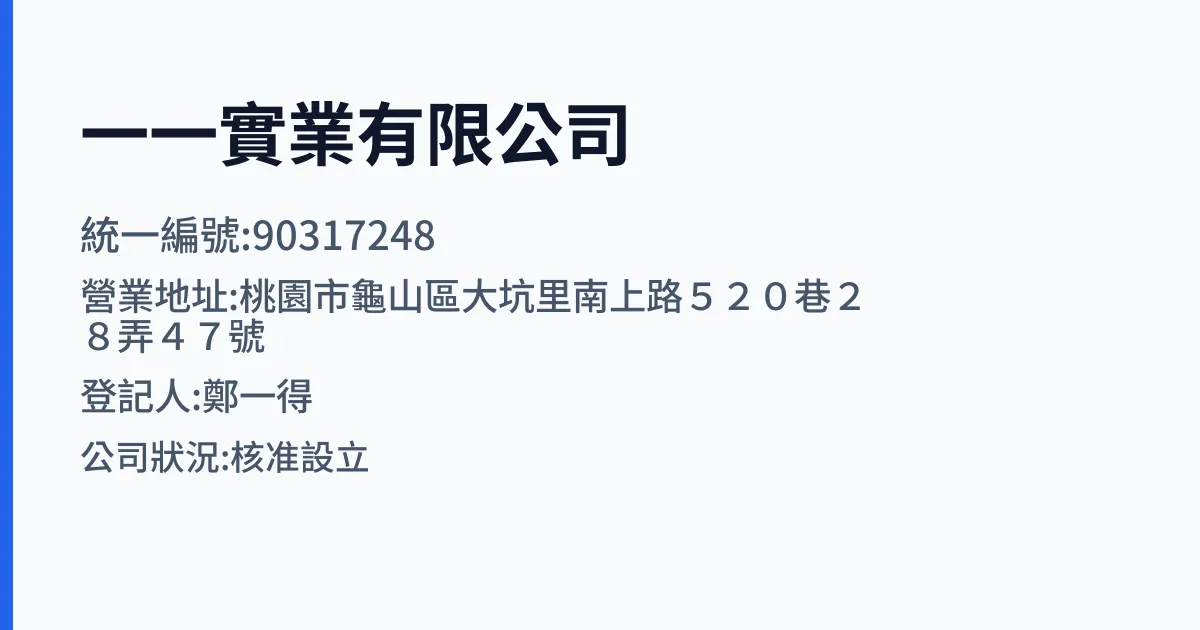 一一實業有限公司 - 統編 90317248(桃園市) 公司登記資料與營業項目詳細圖表