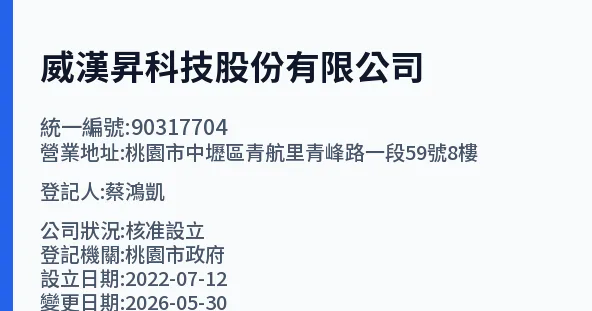 威漢昇科技股份有限公司的照片-統編 90317704(桃園市) 公司登記資料與營業項目詳細圖表